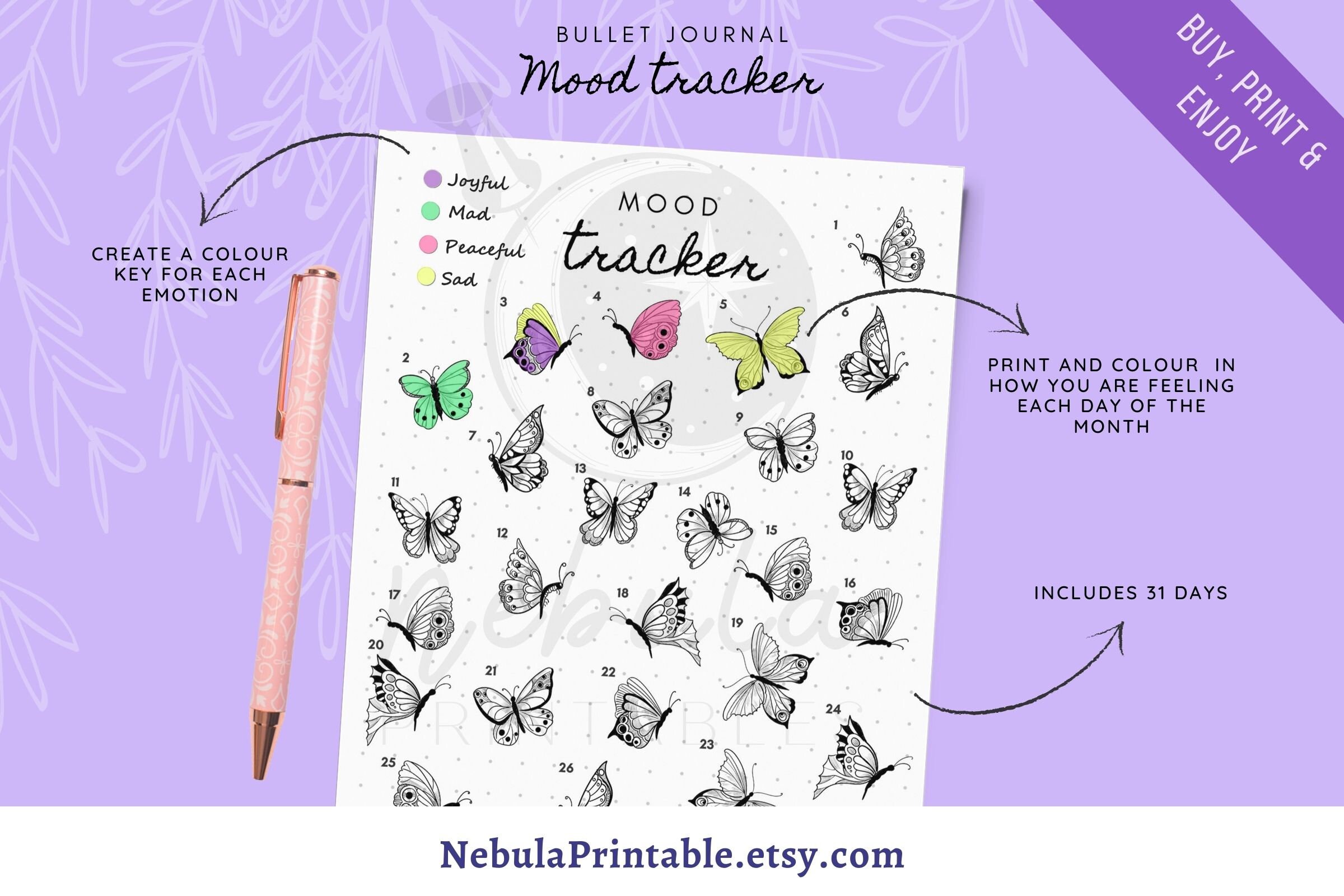 Monthly Mood Tracker Bullert Journal Printable Bujo Insert - Etsy España