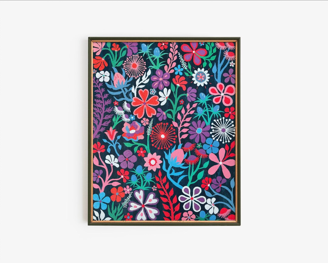 Colorful Floral Fine Art Print 8x10 Hand Painted Blue and Red Plant ...