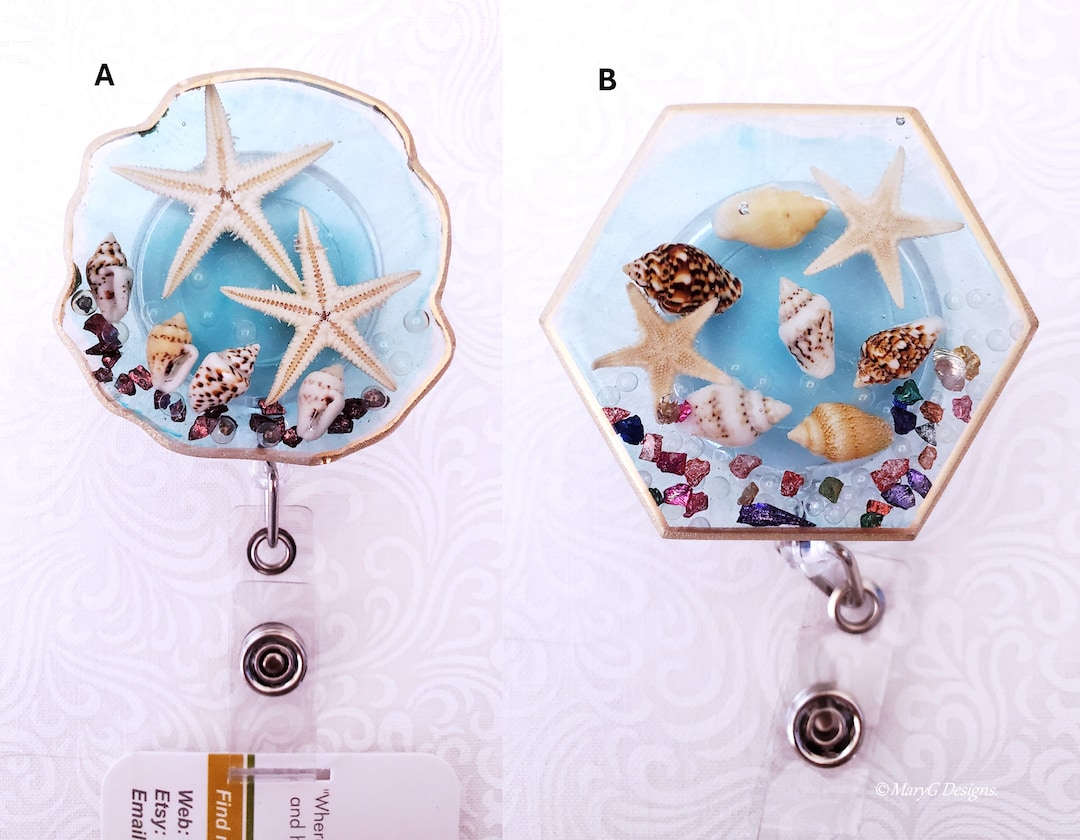 Resin Badge Reel: Handmade Shell & Beach Element ID Card Holder - Etsy