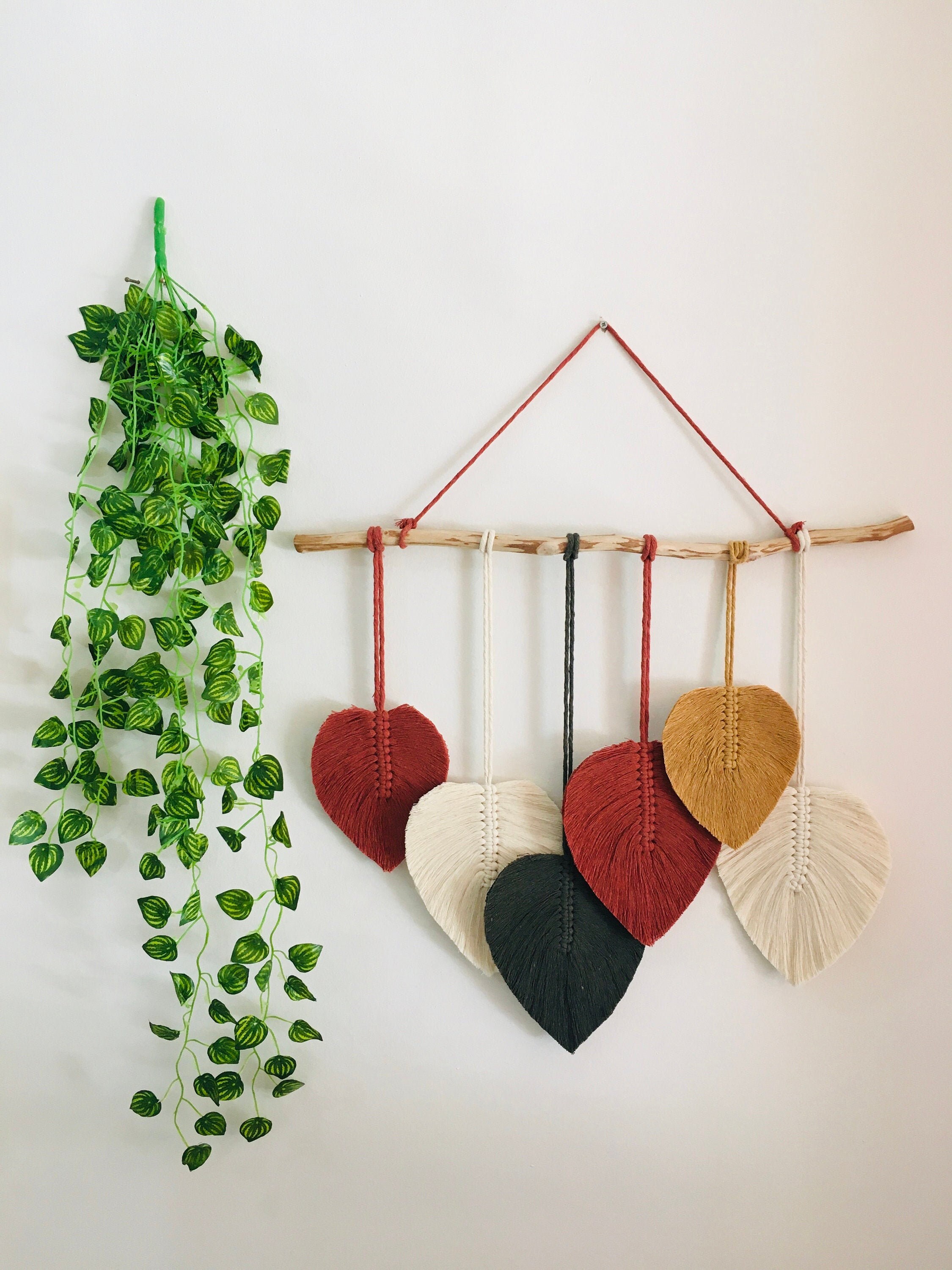 Large Macrame Boho Feather Leaves Wall Art, Brick Red & White Woven ...