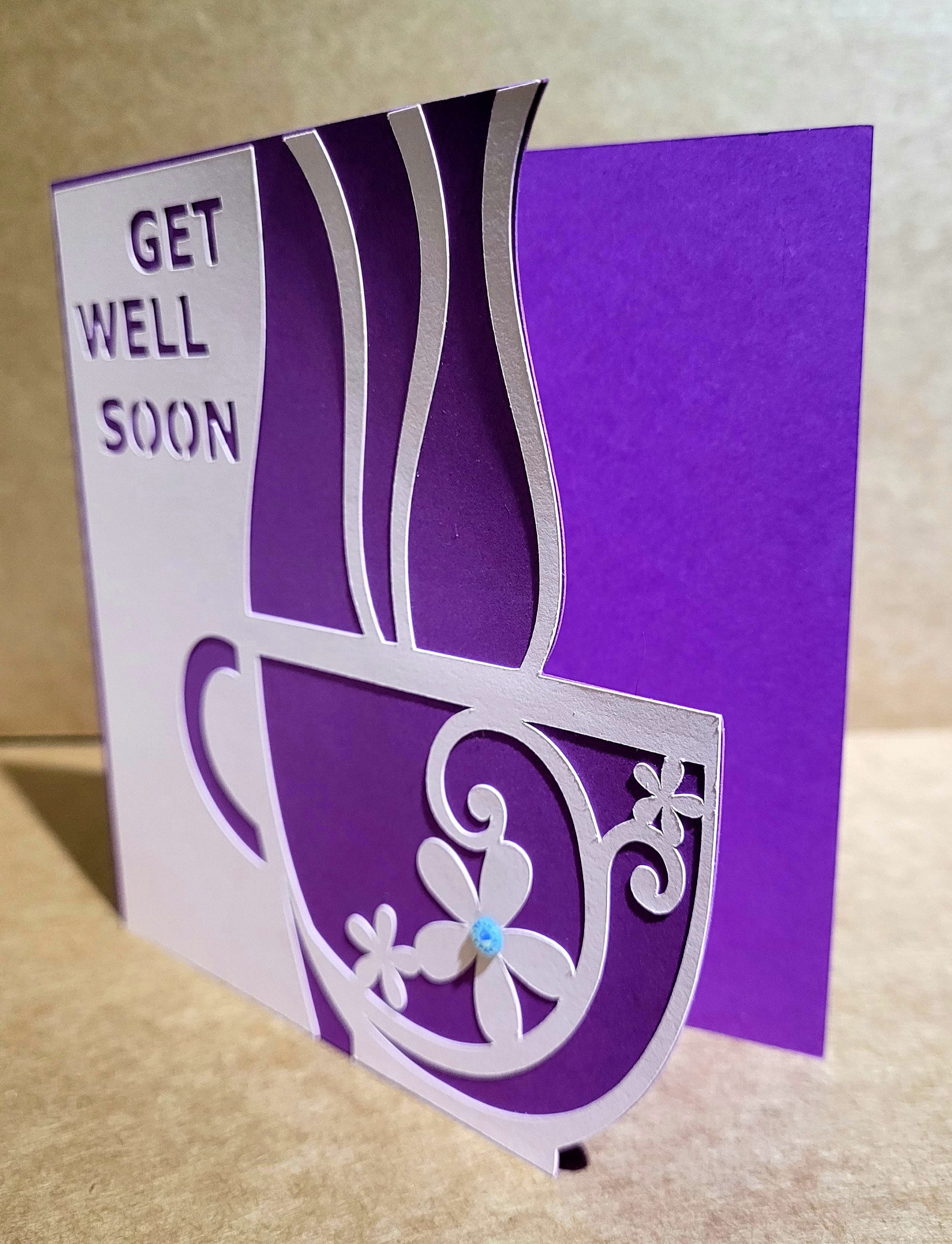 Get Well Soon Card, Blank Inside, Cup Steam, Gem Flowers, Sick, Under ...