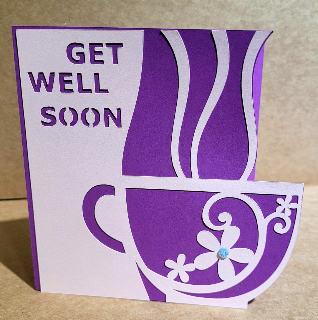 Get Well Soon Card, Blank Inside, Cup Steam, Gem Flowers, Sick, Under ...