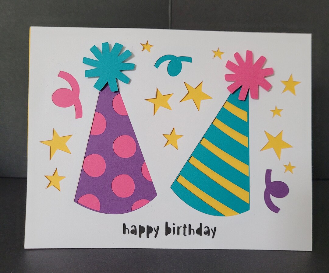 Happy Birthday Party Hats Birthday Card. Blank Inside, Pink, Purple ...