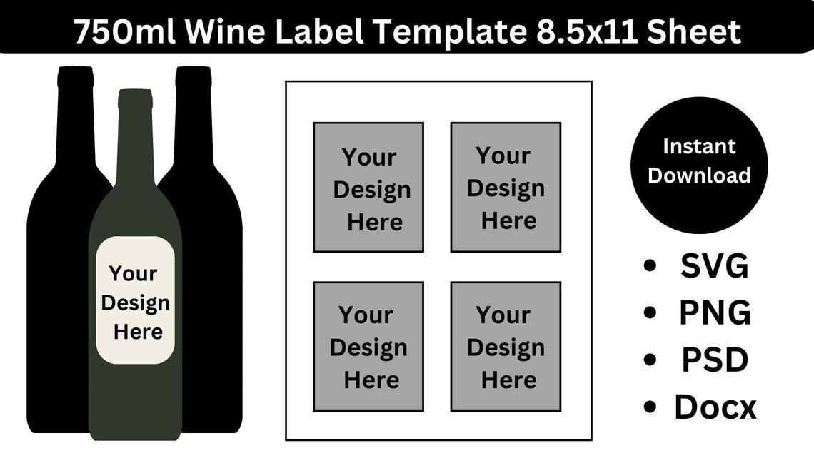 750ml Wine Label Template 8.5x11 Sheet SVG PNG PSD and Docx - Etsy