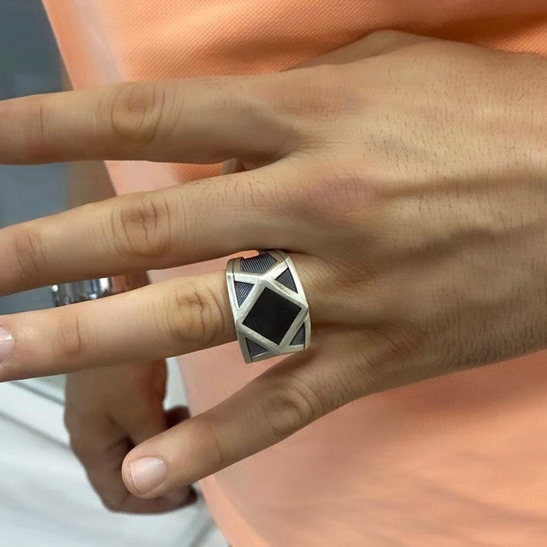 Oxidized Sterling Silver Triangle Ring: Black Onyx Geometric Signet - Etsy