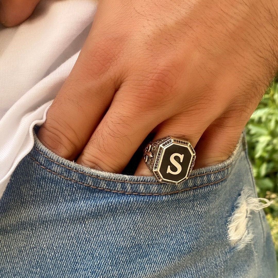 Custom Initial Signet Ring for Men, Personalized Men Sterling Silver ...