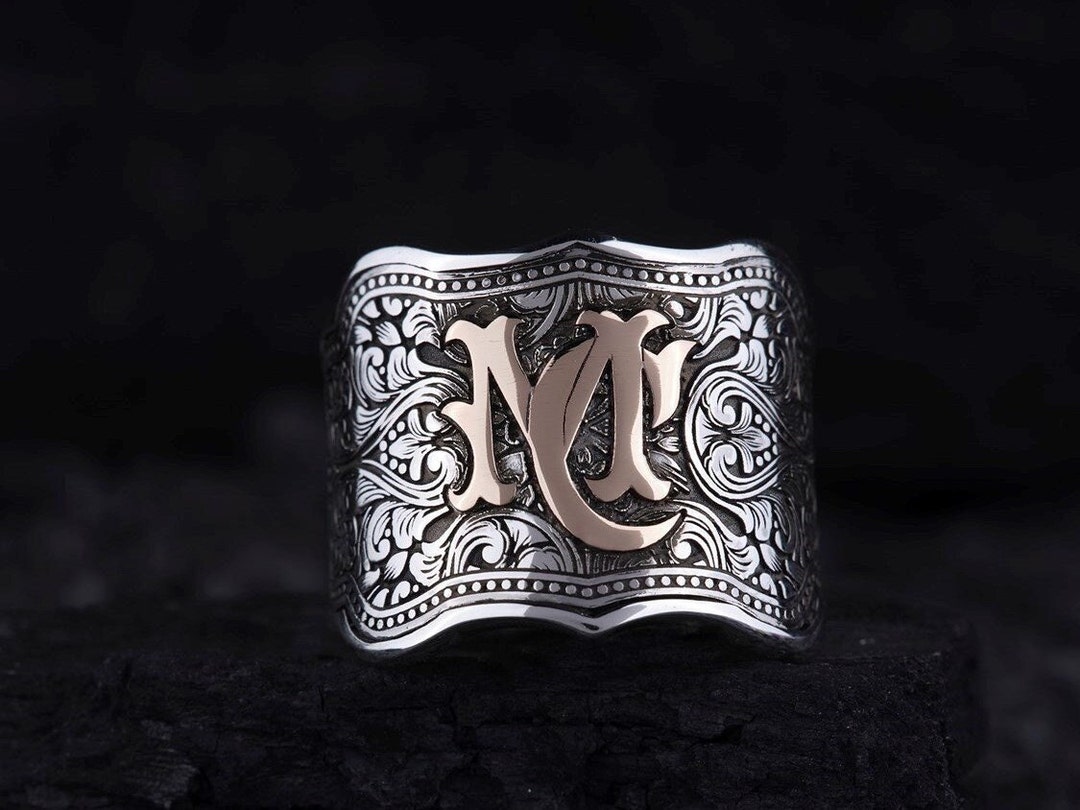 Custom Monogram Sterling Silver Signet Ring for Men, Personalized Two ...