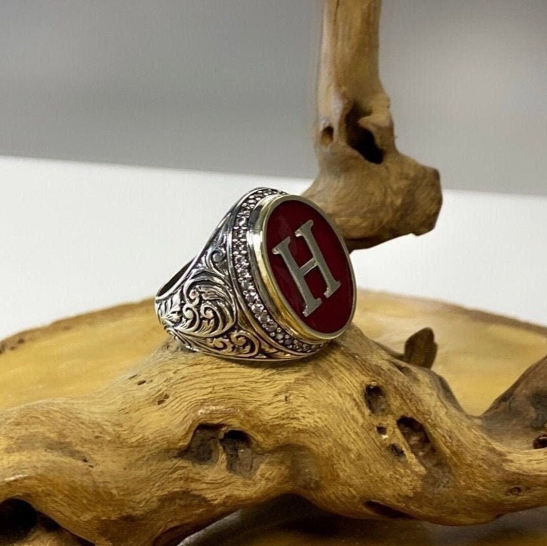 Mens Sterling Silver Red Agate Gemstone Initial Signet Ring, Mens ...