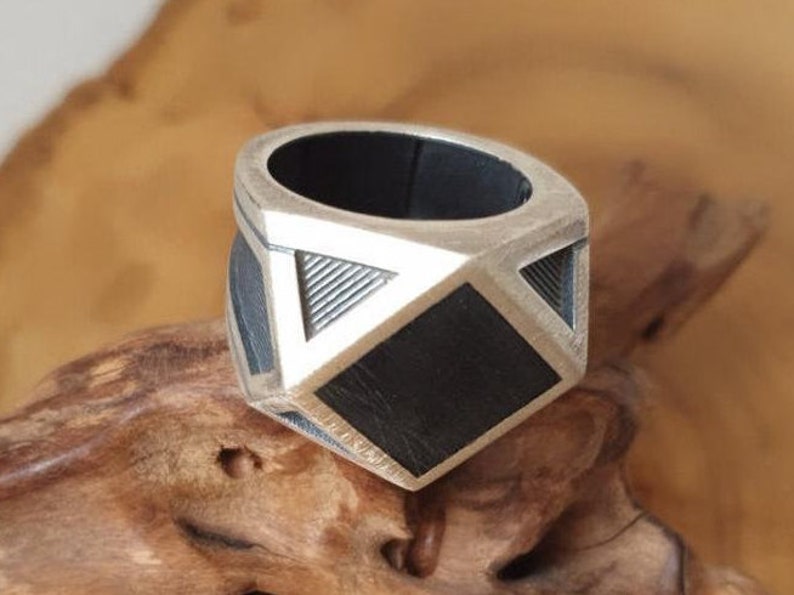 Oxidized Sterling Silver Triangle Ring: Black Onyx Geometric Signet - Etsy
