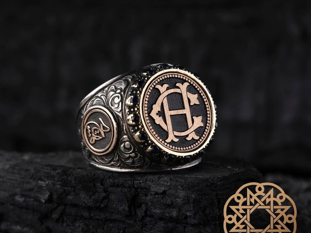 Sterling Silver Two Initial Monogram Signet Ring for Men, Oxidized ...