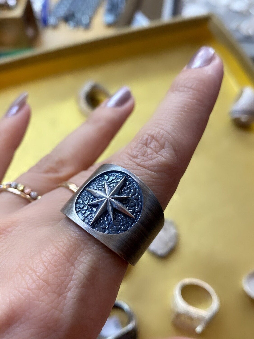 North Star Signet Mens Compass Ring, Compass Silver Band Ring for Men ...