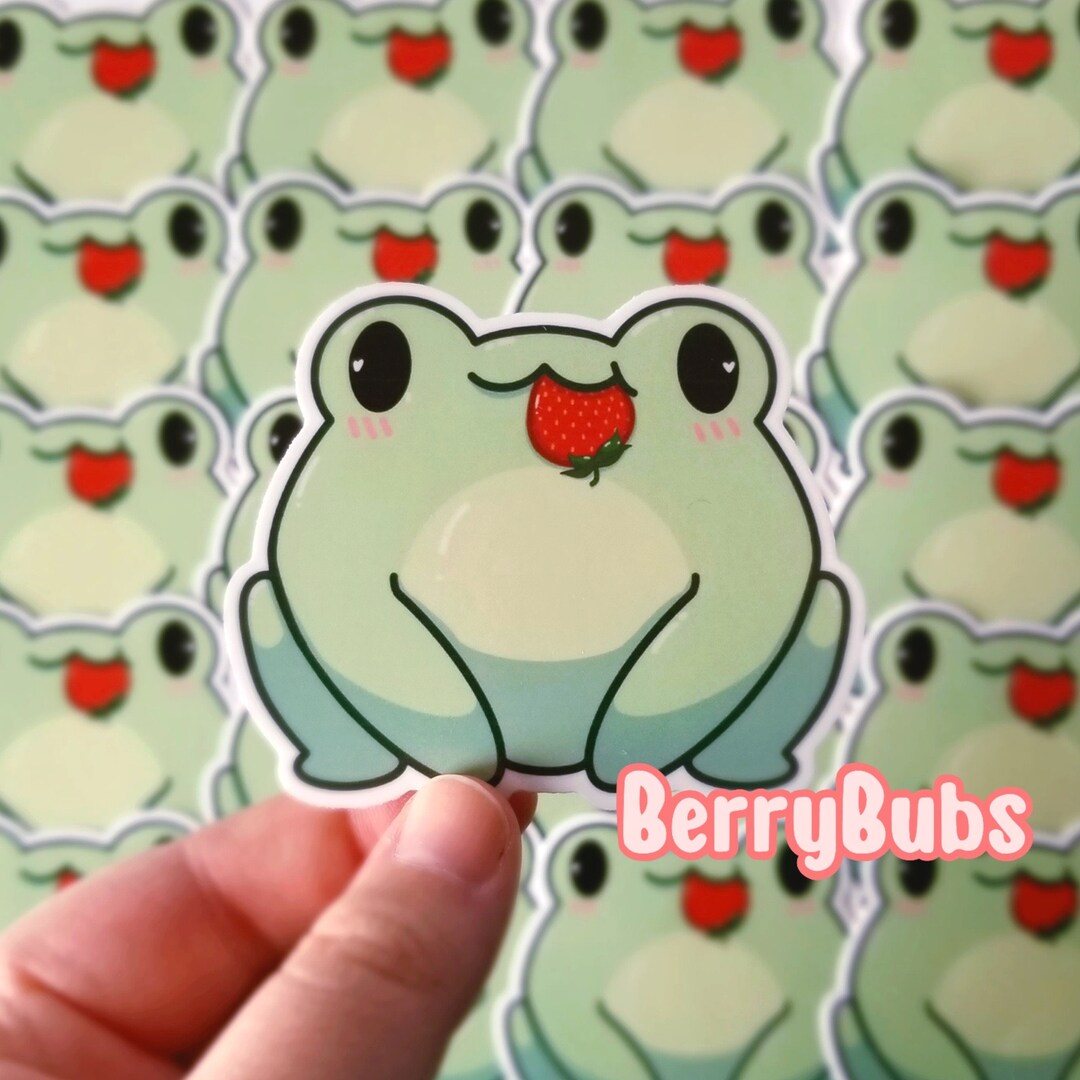 Strawberry Frog Sticker ~ Cute Frog Eating a Strawberry ~ Glossy Vinyl ...
