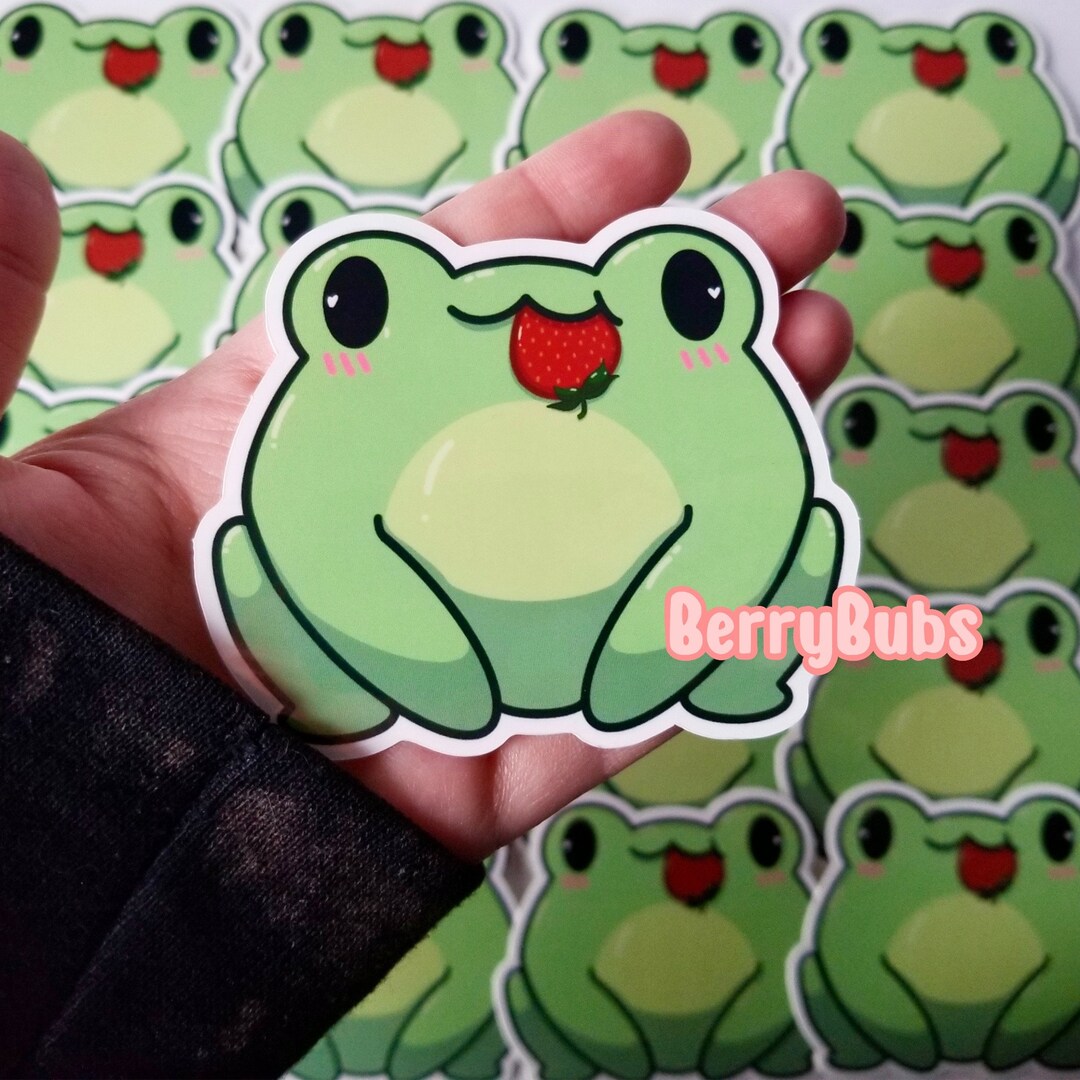 Cute Frog Sticker ~ Vinyl Frog Sticker ~ Frog Eating a Strawberry ...