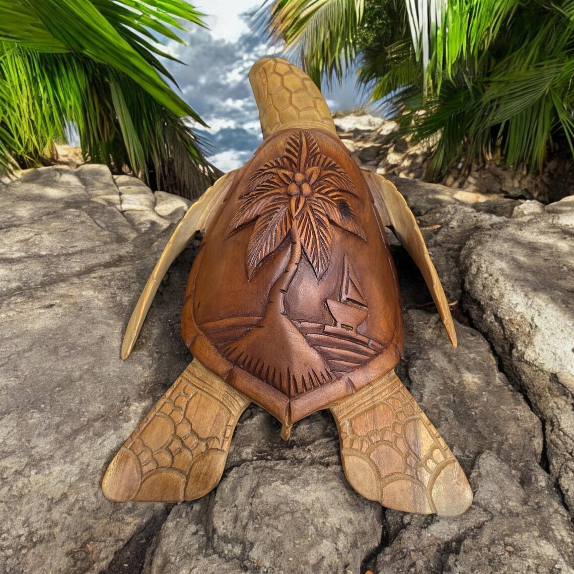 Hawaiian Sea Turtle With Palm Tree & Boat | Ocean Life 12" - Etsy