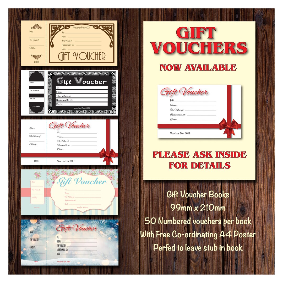 Gift Voucher Book | Numbered | Perforated Stub | 50 Vouchers per Book ...