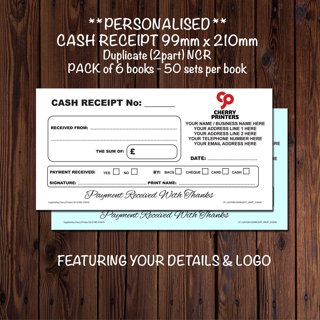 6 Pack | Custom/personalised Cash Receipt Book | DL (99mm X 210mm) | 2 ...