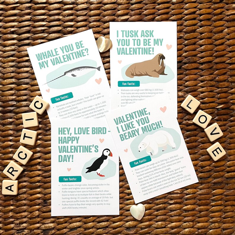 Printed ARCTIC ANIMALS Valentine's Day Cards . Kids Valentines . Fun ...
