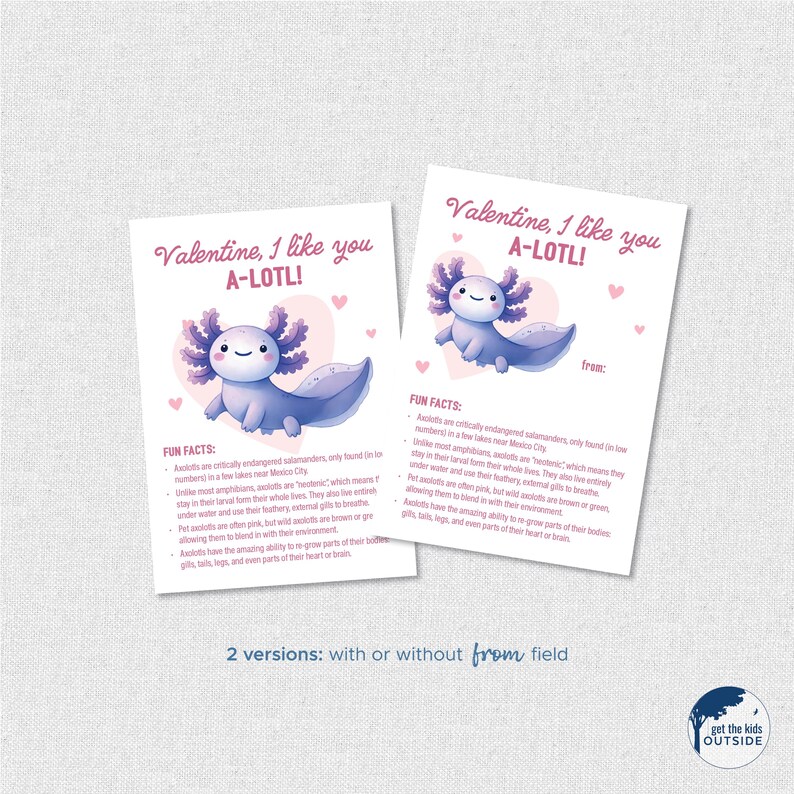 Printable AXOLOTL Valentine's Day Cards - (set of 12) - Animal Fun ...