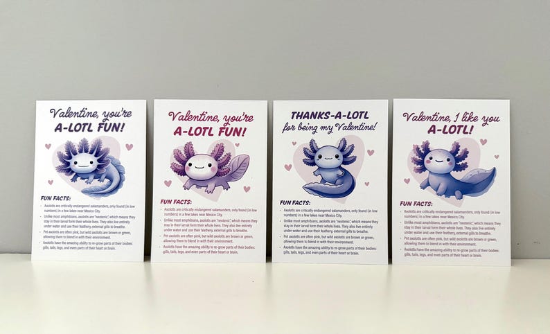 Printed AXOLOTL Valentine's Day Cards - (set of 12) - Animal Fun Facts ...