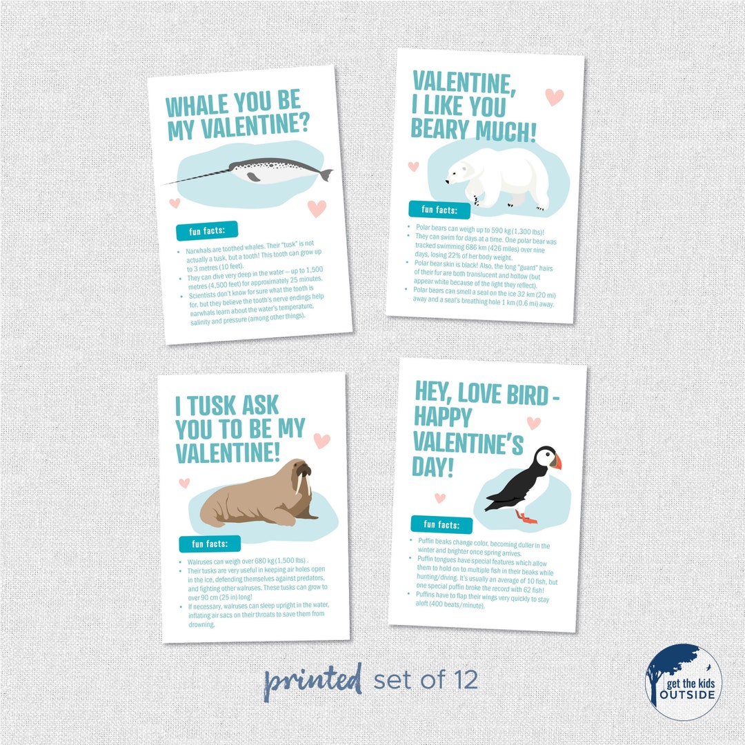 Printed ARCTIC ANIMALS Valentine's Day Cards . Kids Valentines . Fun ...