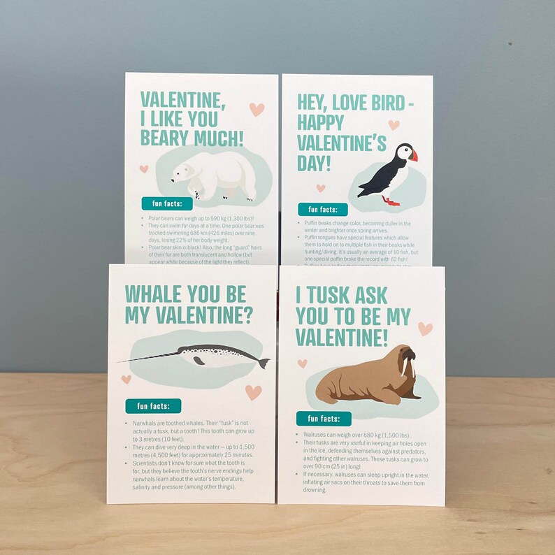 Printed ARCTIC ANIMALS Valentine's Day Cards . Kids Valentines . Fun ...