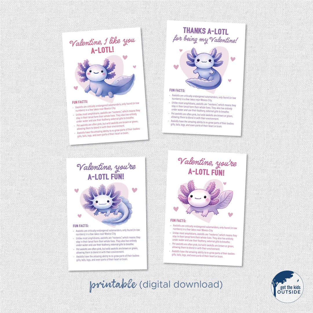 Printable AXOLOTL Valentine's Day Cards - (set of 12) - Animal Fun ...