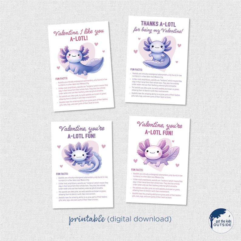Axolotl Valentine's Day Cards – Fun Facts, Kids Classroom (digital ...