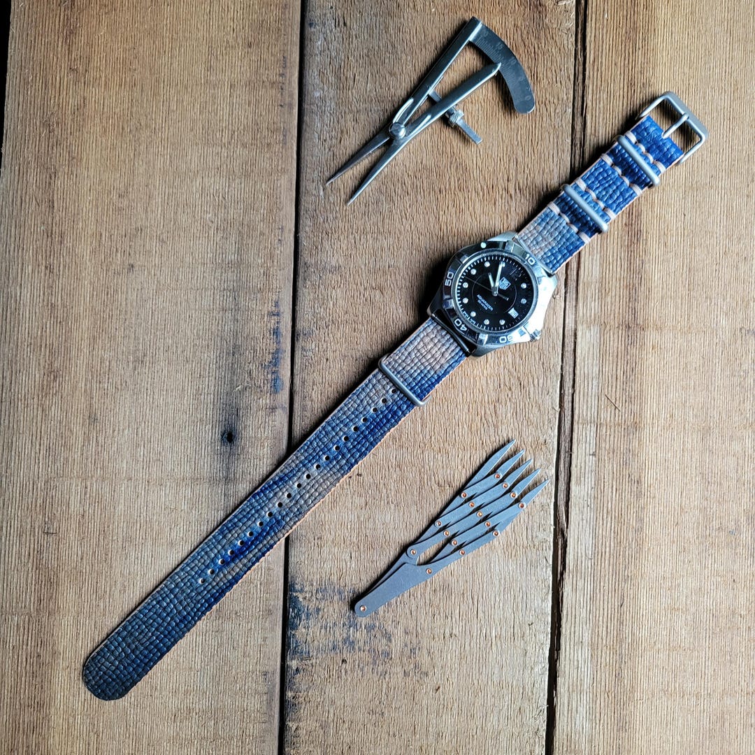 Leather One-piece Watch Strap - Italian Shell Cordovan in Blue/tan ...
