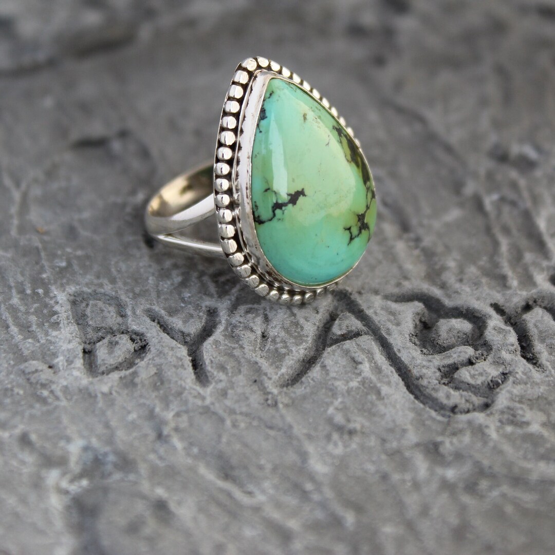 Handmade Pear Tibetan Turquoise Ring, Dainty Sterling Silver Ring for ...