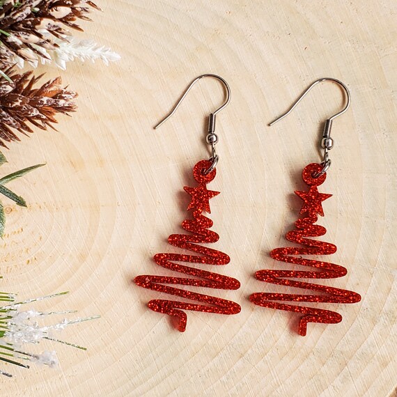 aglamperscreations Red Glitter Christmas Tree Earrings Acrylic Christmas Earrings Christmas Tree Earrings Red Glitter Earrings Red Christmas Tree Jewelry