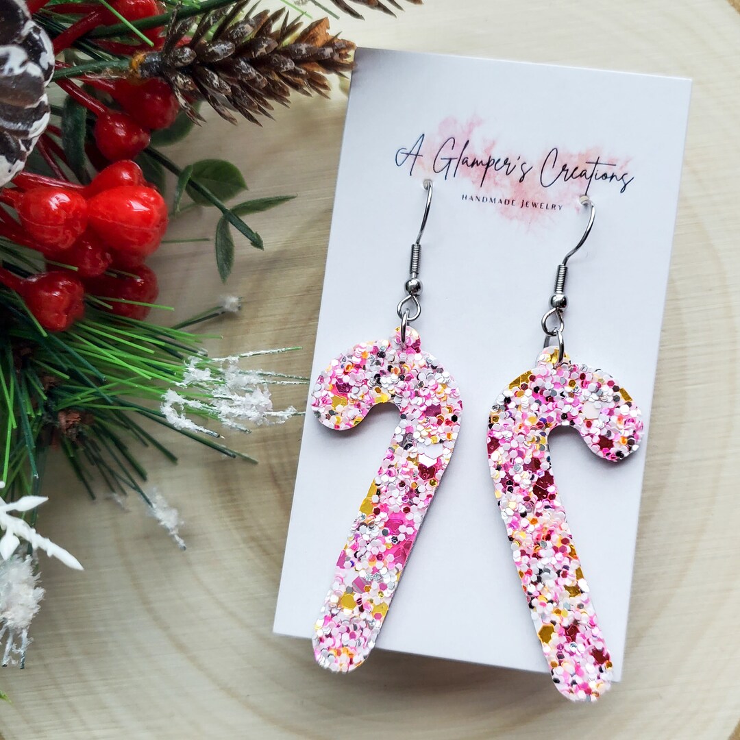 Pink Glitter Candy Cane Earrings, Leather Christmas Earrings, Christmas ...