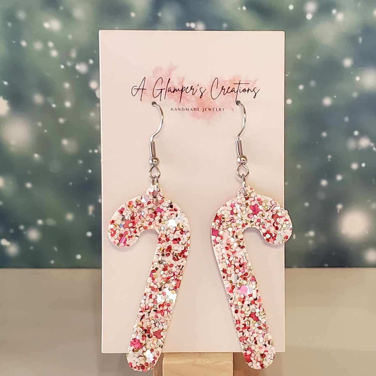 Glitter Candy Cane Earrings, Leather Christmas Earrings, Christmas Candy Cane Earrings, Mulit ...