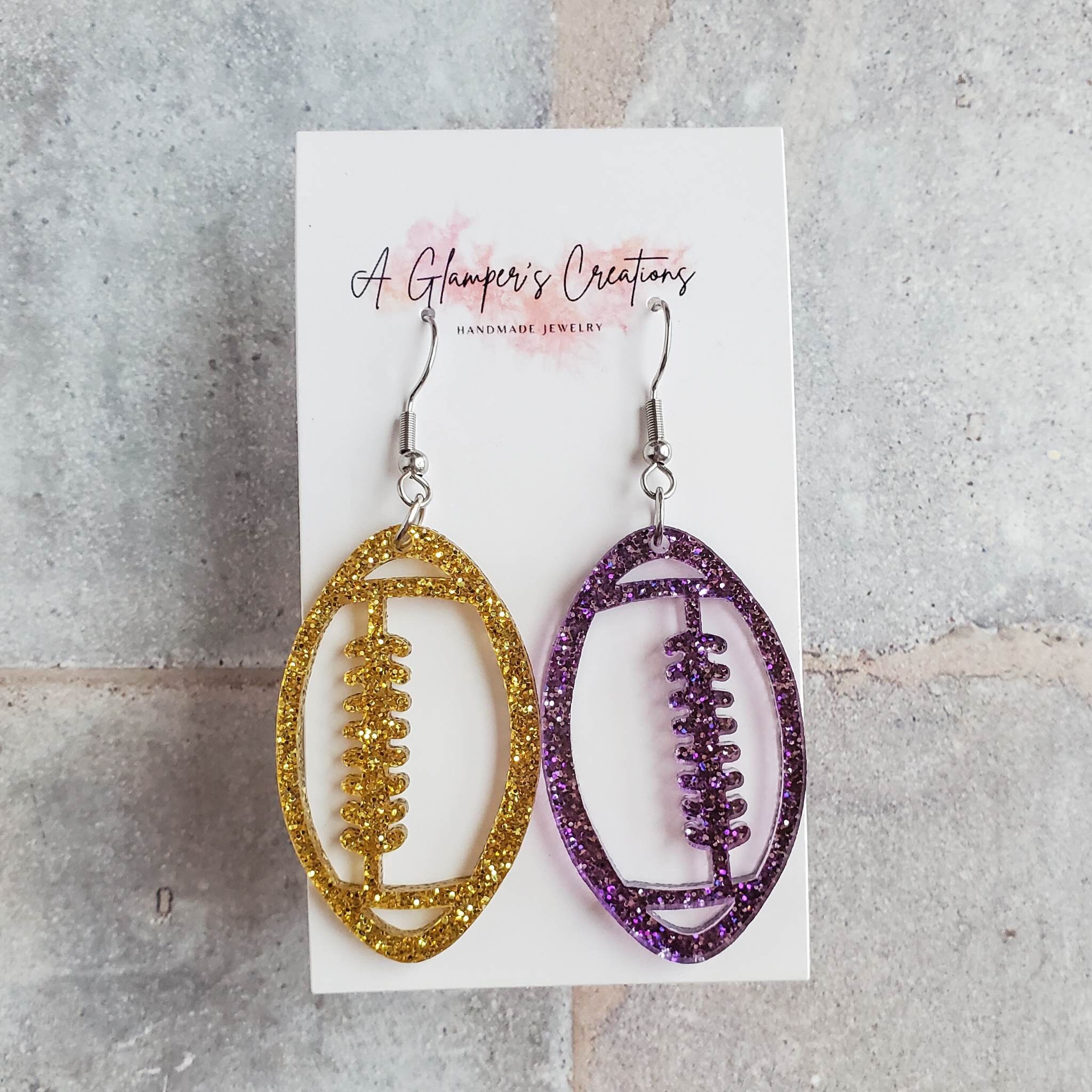 Purple & Gold Glitter Acrylic Football Game Day Earrings, Football ...