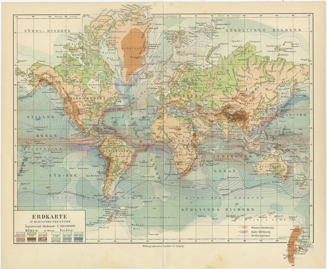 Original Vintage Print - World Map - Mercator Projection - Meyer - 1916 ...