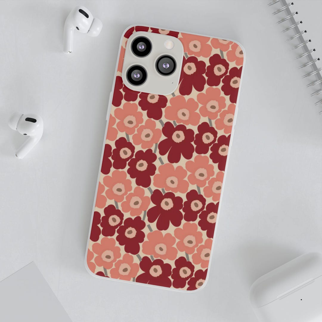 Red Floral Pattern Unikko Phone Case, Retro Blossom Design in Red and ...