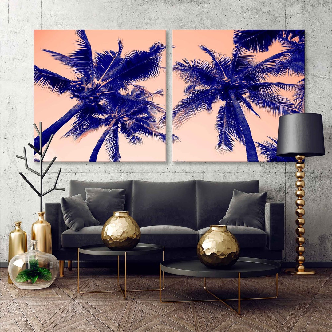 Blue Decor Wall, Blue Palm Wall, Beach Picture, Painting 3 Panels, 5 ...