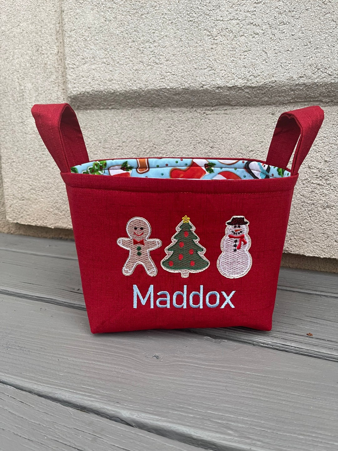Personalized Christmas Basket: Embroidered Gingerbread, Tree & Snowman ...