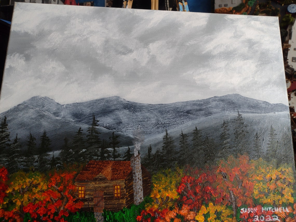 Smokey Mountains Painting, Fall Trees, Mountains,log Cabin, Rustic Log ...