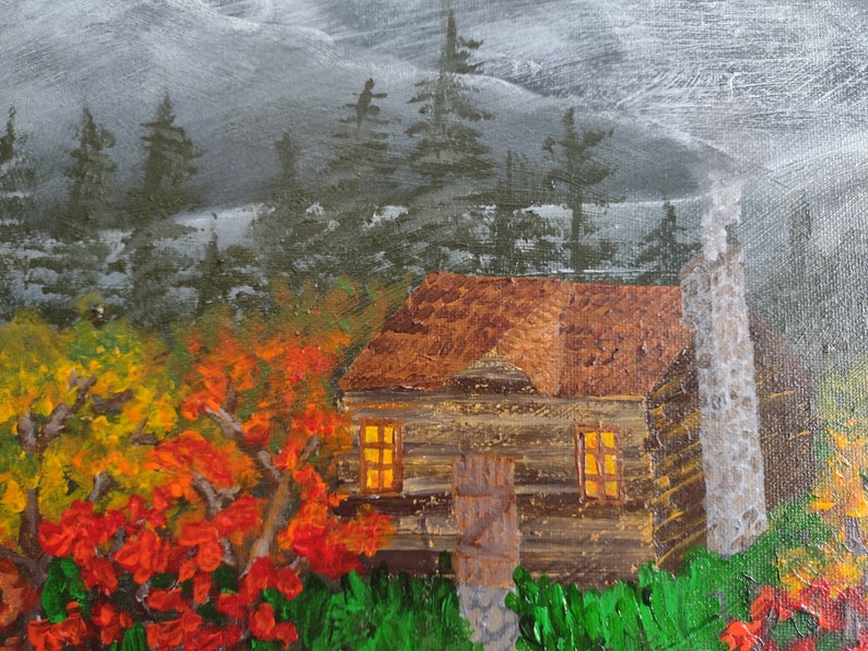 Smokey Mountains Painting, Fall Trees, Mountains,log Cabin, Rustic Log ...