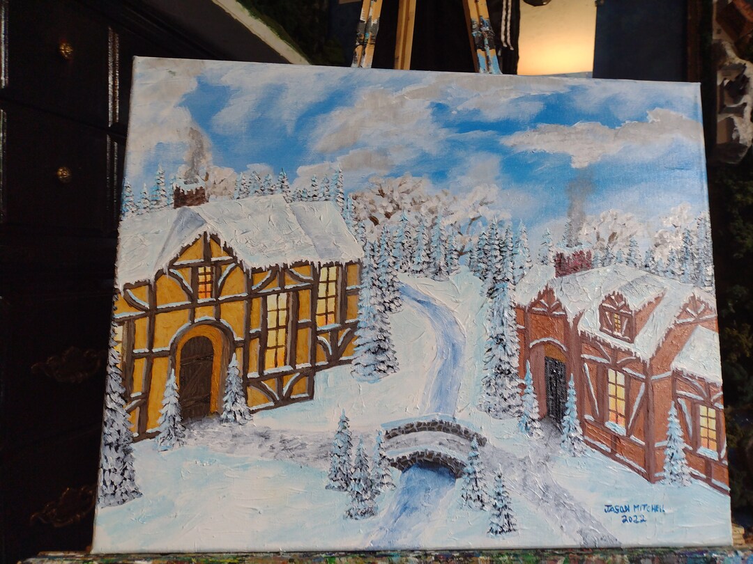 Winter Wonderland Acrylic Painting, Snowy Village Scene (16x20 Inches ...