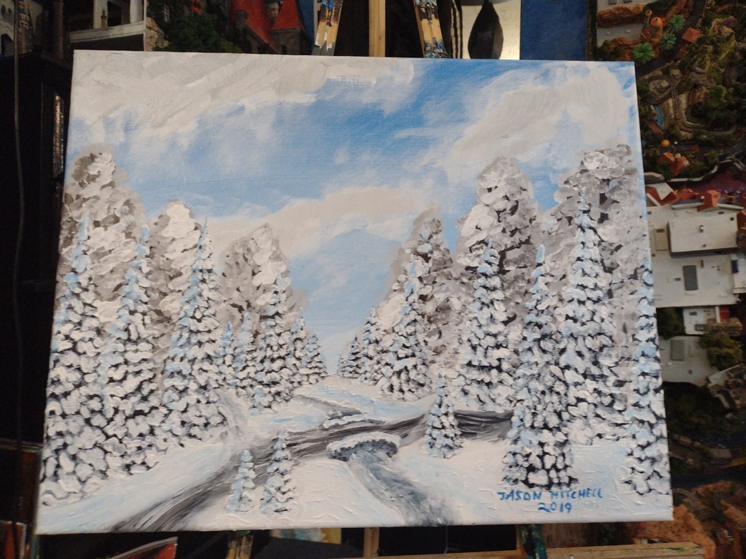 Winter Landscape Painting With Trees River Snow on the Ground Snowy ...