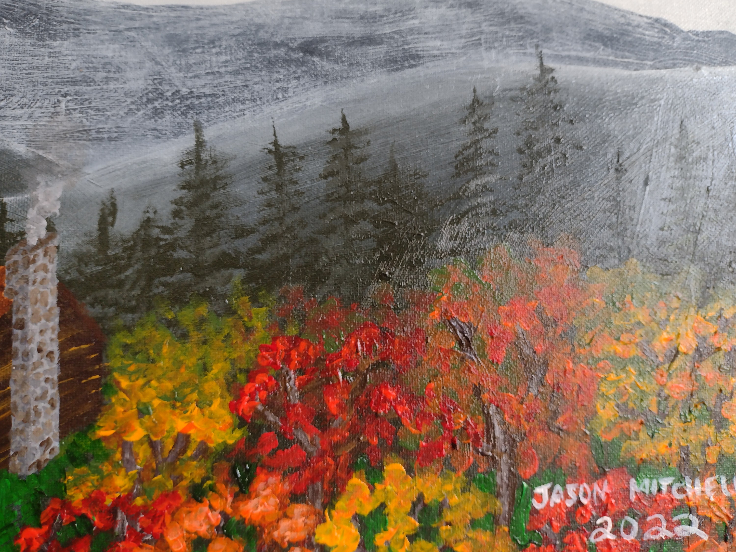 Smokey Mountains Painting, Fall Trees, Mountains,log Cabin, Rustic Log ...
