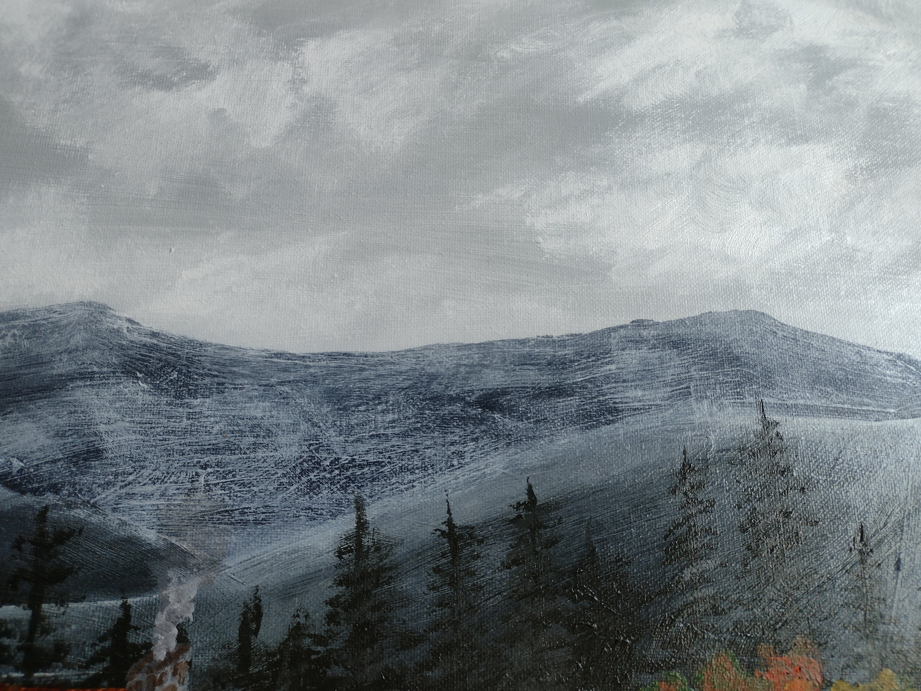 Smokey Mountains Painting, Fall Trees, Mountains,log Cabin, Rustic Log ...