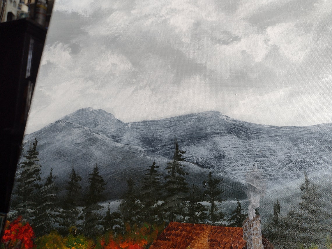 Smokey Mountains Painting, Fall Trees, Mountains,log Cabin, Rustic Log ...