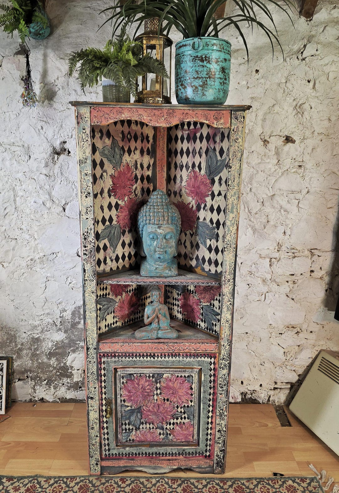 Hand Painted Corner Cabinet | Vintage Upcycled Furniture With Stamped ...