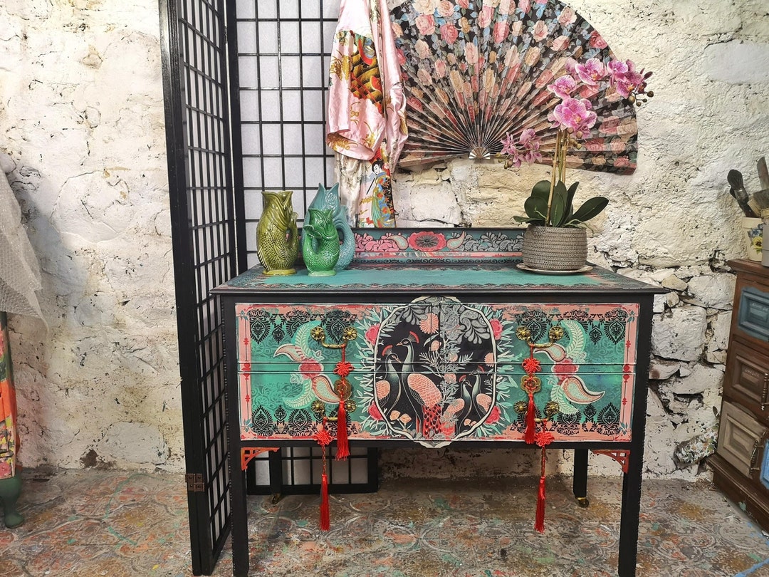 Unique Wooden Vintage Drawers Cabinet Furniture Hand Painted Peacock ...