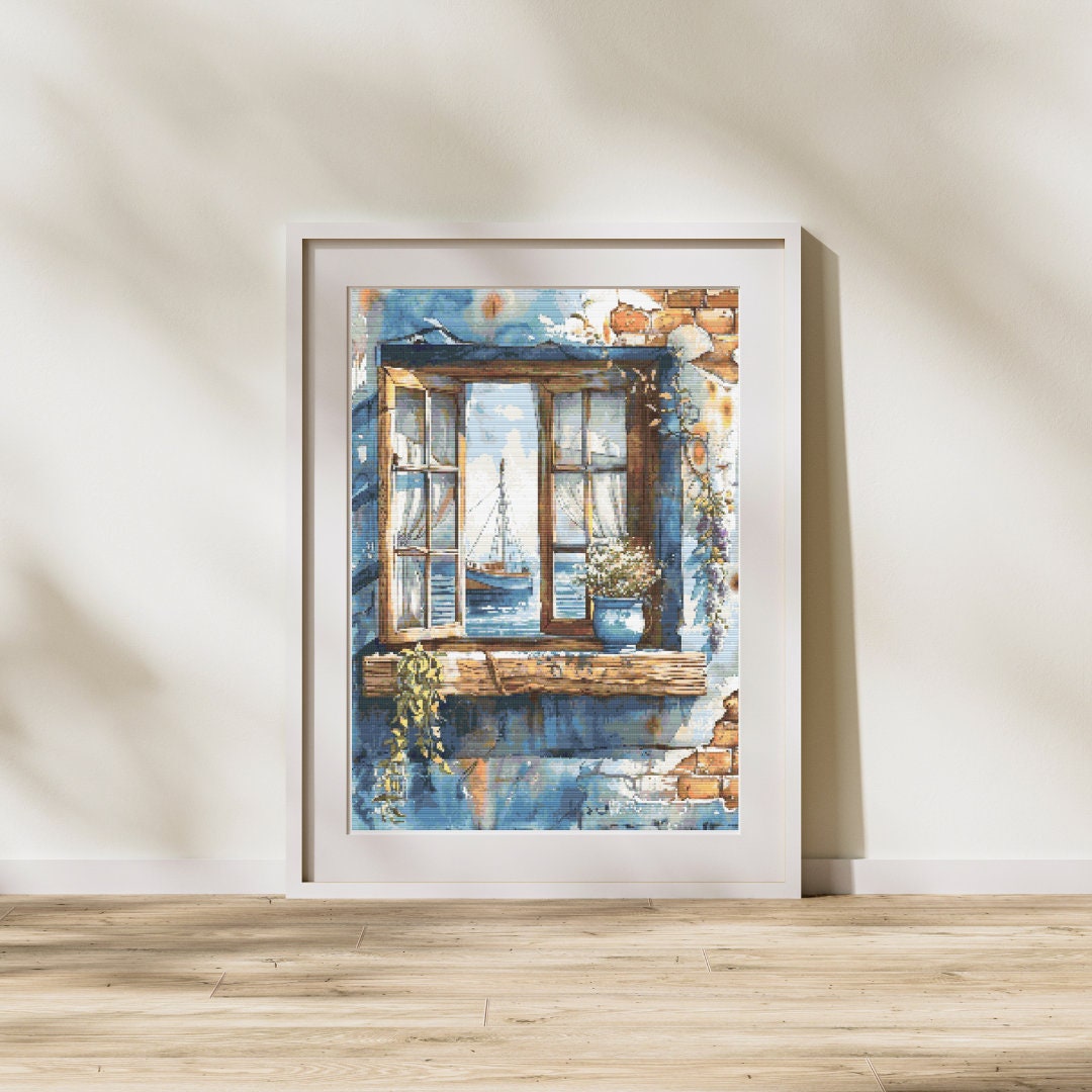 Rustic Window View Cross Stitch Pattern - Sailboat and Seaside Cottage ...