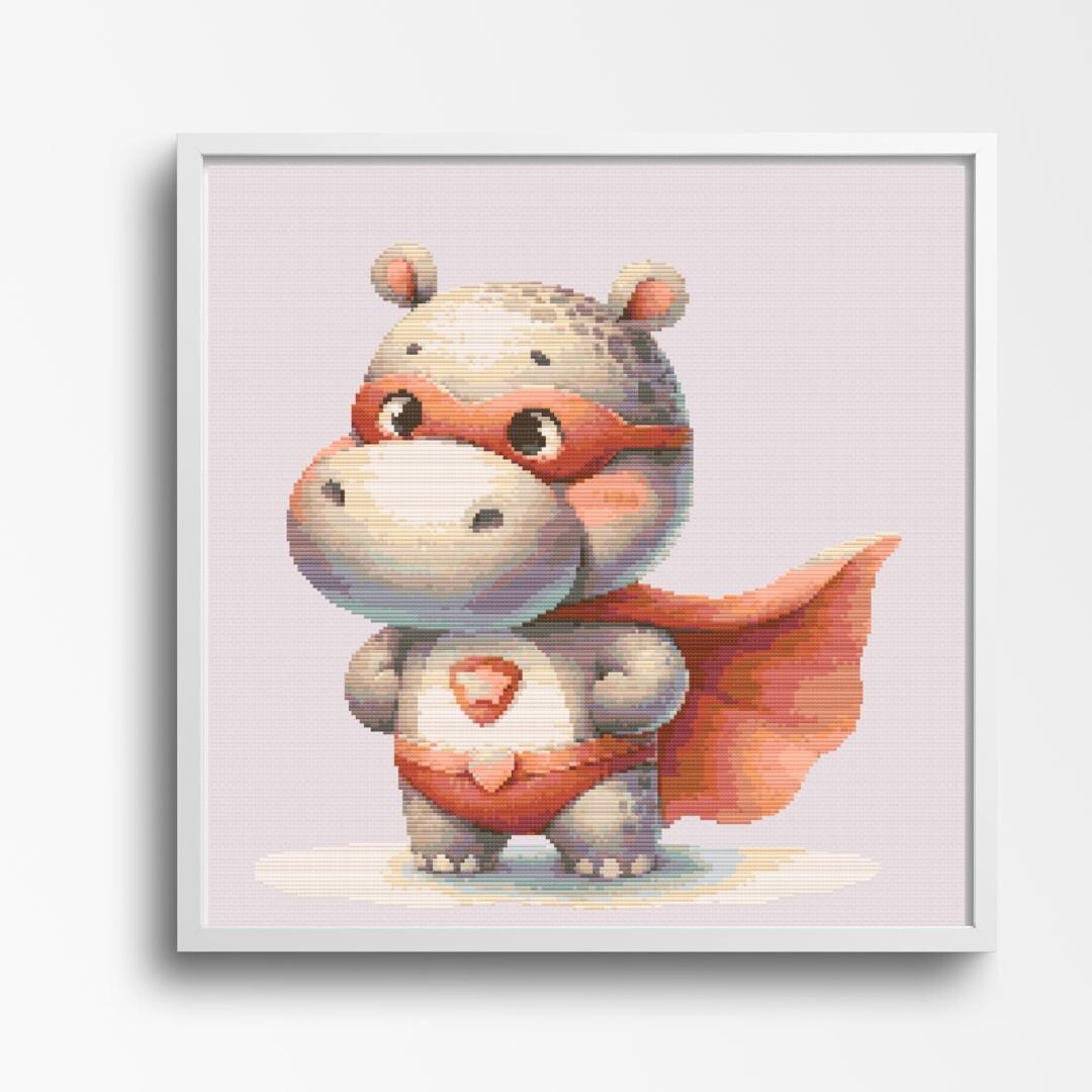Hippo Cross Stitch Pattern, Adorable Super Hero Hippo, Baby Nursery ...