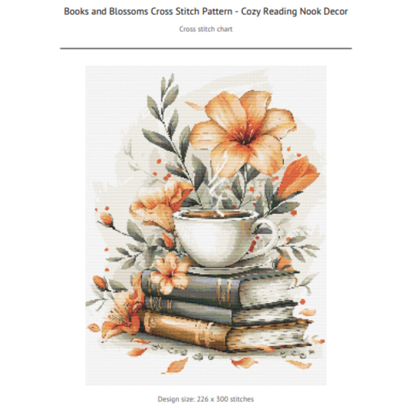 Books and Blossoms Cross Stitch Pattern - Cozy Reading Nook Decor 226 X ...