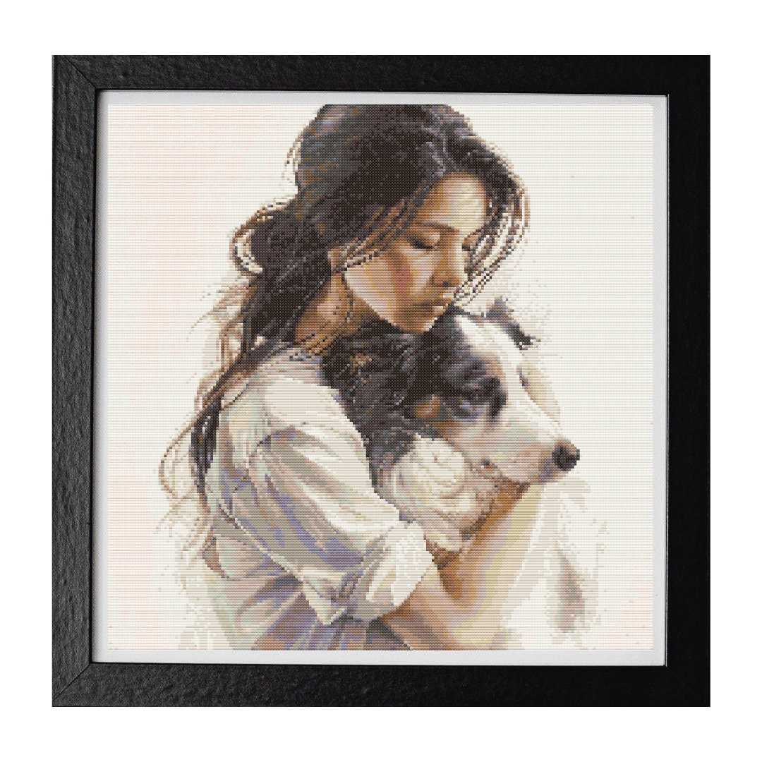 Embrace of Loyalty: Woman and Her Dog Cross Stitch Pattern. Counted ...